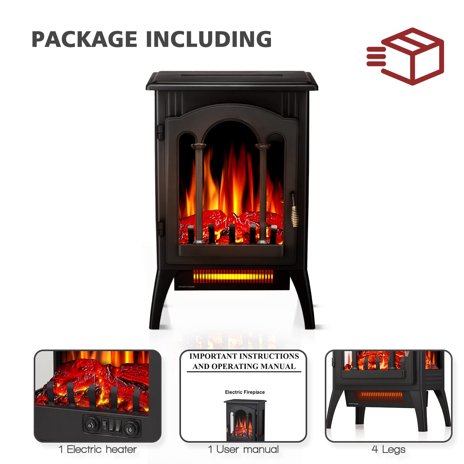 ZAFRO Heating Electric Fireplace,Infrared Stove with Realistic Flames,Freestanding Electric Fireplace,Adjustable Brightness and Heating, Overheating Safe Protection, 1000w/1500w, Black