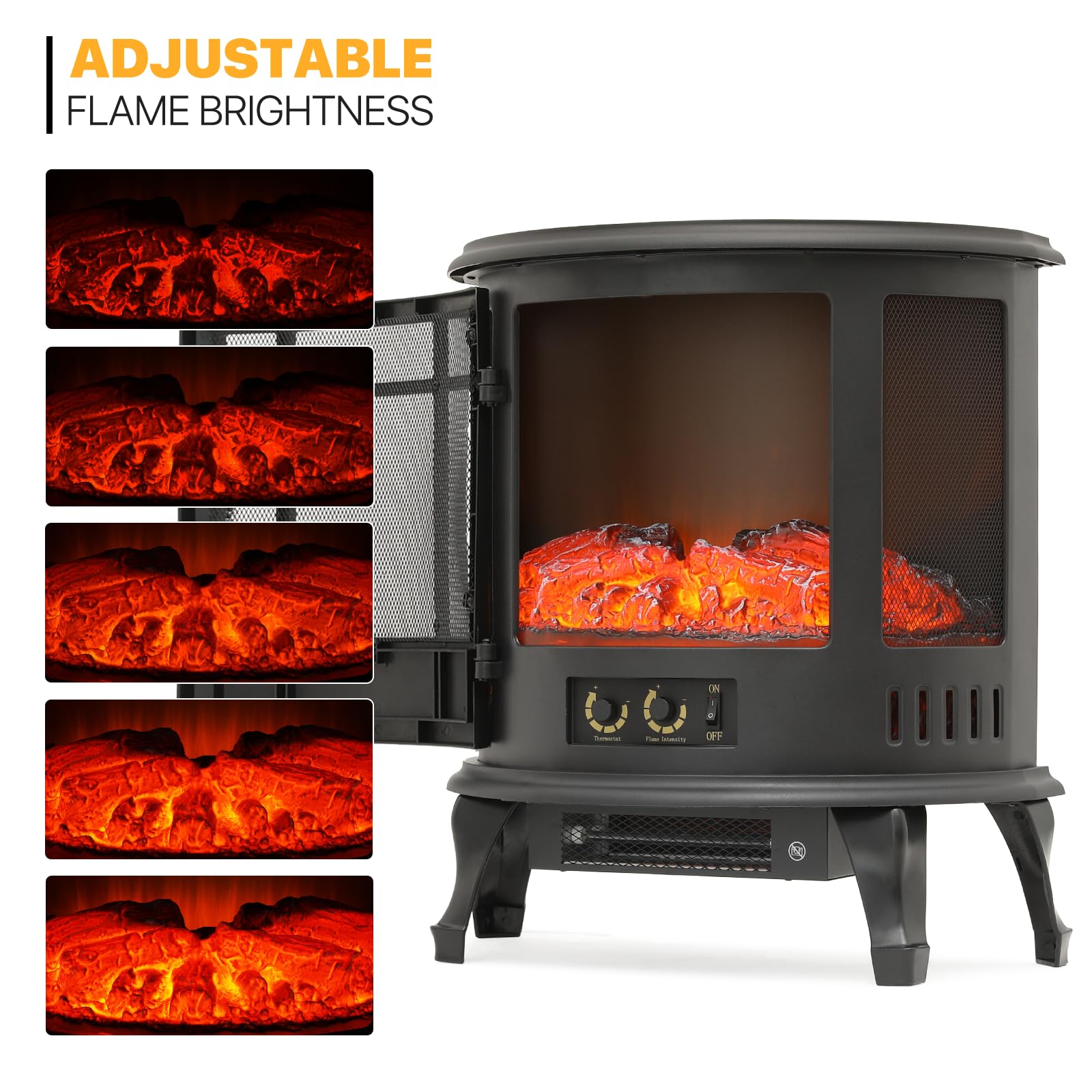 mollie 25-Inch Electric Fireplace Stove 1400W Portable Indoor Freestanding Fireplace Heater with Adjustable Brightness Flame Effect and Temperature, Overheating Protection (Black)