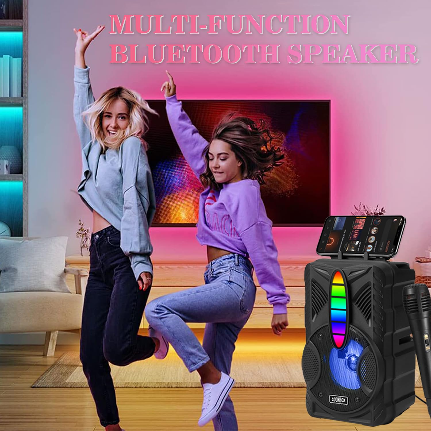 Bluetooth Speaker, IPX5 Waterproof Speaker with HD Sound, RGB Multi-Colors Rhythm Lights, Up to 8H Playtime, TWS Pairing, Portable Wireless Speakers for Home, Outdoor,（Comes with a Microphone）