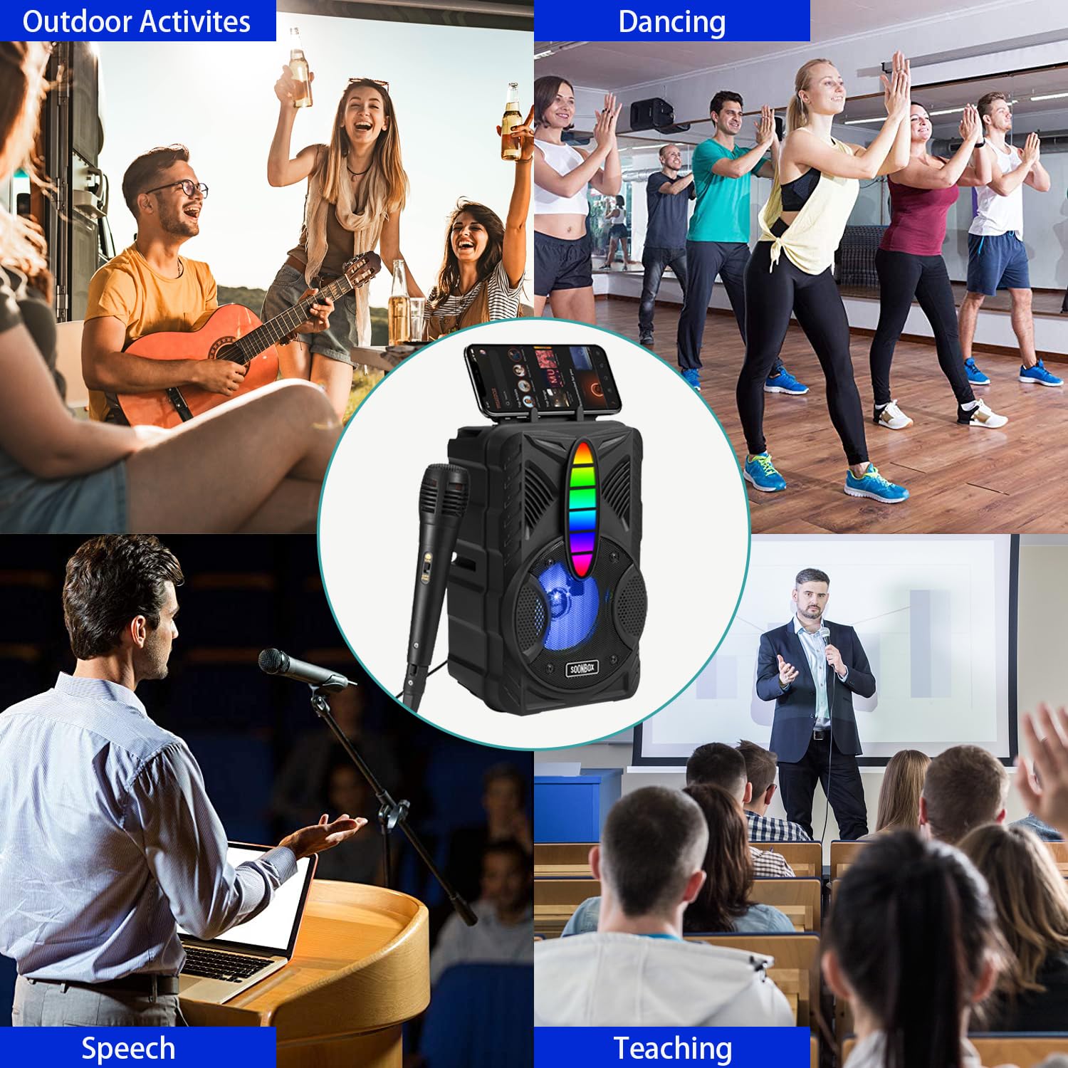 Bluetooth Speaker, IPX5 Waterproof Speaker with HD Sound, RGB Multi-Colors Rhythm Lights, Up to 8H Playtime, TWS Pairing, Portable Wireless Speakers for Home, Outdoor,（Comes with a Microphone）