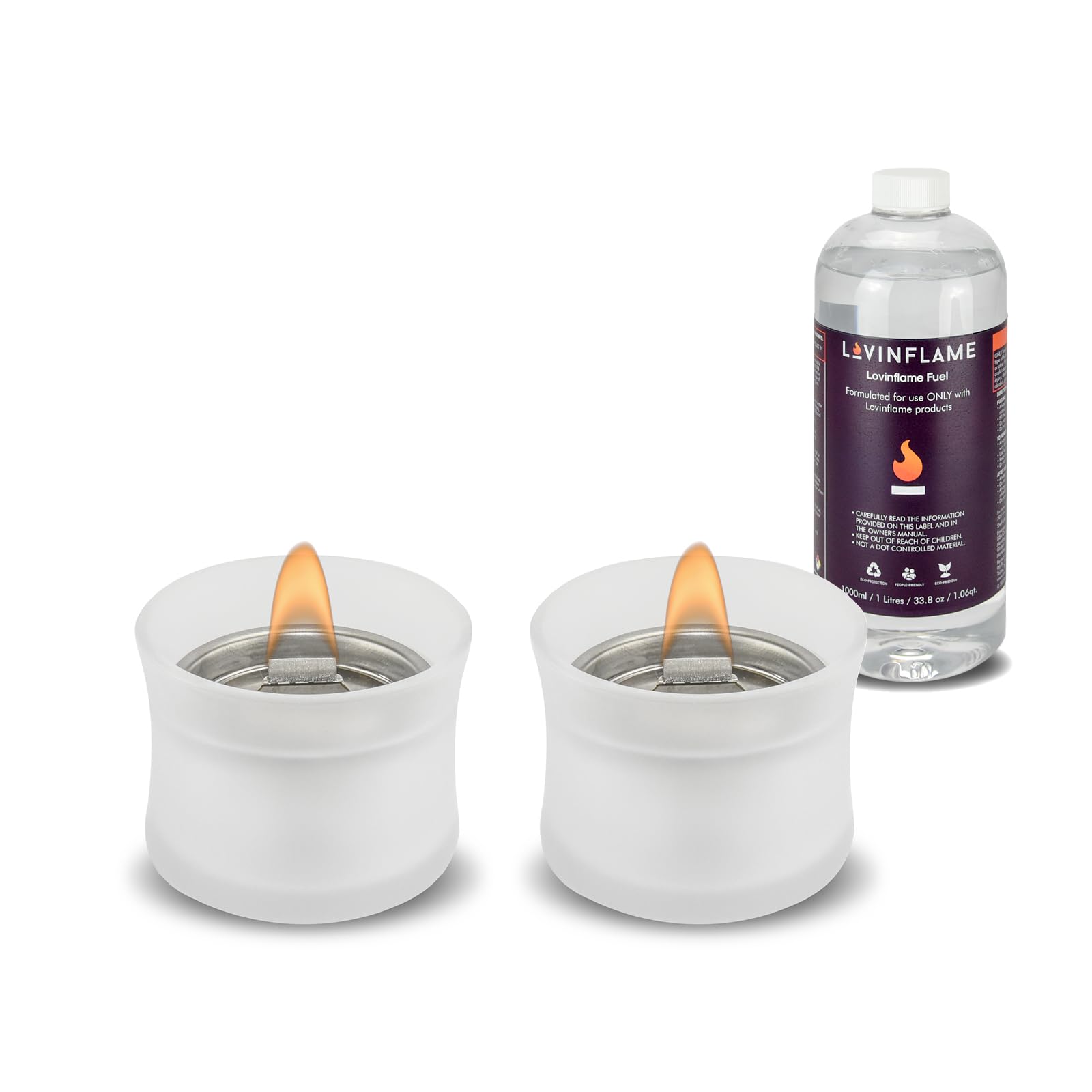 LOVINFLAME 2 PCS Mist Glass Slim Candle and Ethanol-Free 1 Liter Fuel Bundle, Wind Resistant Mini Fire Pit for Balcony and Patio Decor