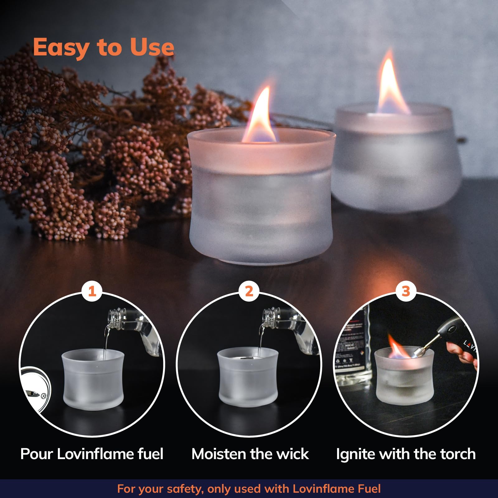 LOVINFLAME 2 PCS Mist Glass Slim Candle and Ethanol-Free 1 Liter Fuel Bundle, Wind Resistant Mini Fire Pit for Balcony and Patio Decor