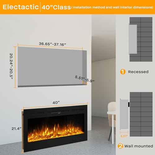 40” Electric Fireplace Inserts Wall Mounted Fireplace Heater with Remote Controls, 9 Realistic 3D Flame Colors, Adjustable Temperature, 8 Hour Timer, 750/1500 W Heater, Low Noise