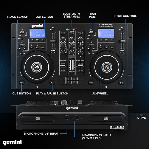 Gemini Sound CDM-4000BT: All-in-One DJ CD Player & Mixer Combo with Bluetooth - Ideal for Aspiring DJs, Dual CD/USB for Home & Event Use, User-Friendly Controls with Jog Wheels and Pitch Control