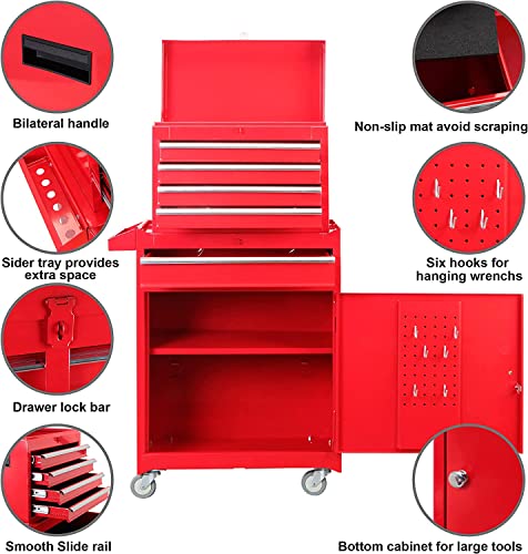 TCE ATBT1204T-RED Torin Rolling Garage Workshop Tool Organizer: Detachable 4 Drawer Tool Chest with Large Storage Cabinet and Adjustable Shelf, Red