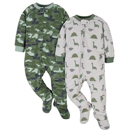 Gerber Baby Boys' Toddler Loose Fit Flame Resistant Fleece Footed Pajamas 2-Pack, Green Camo & Dino, 12 Months