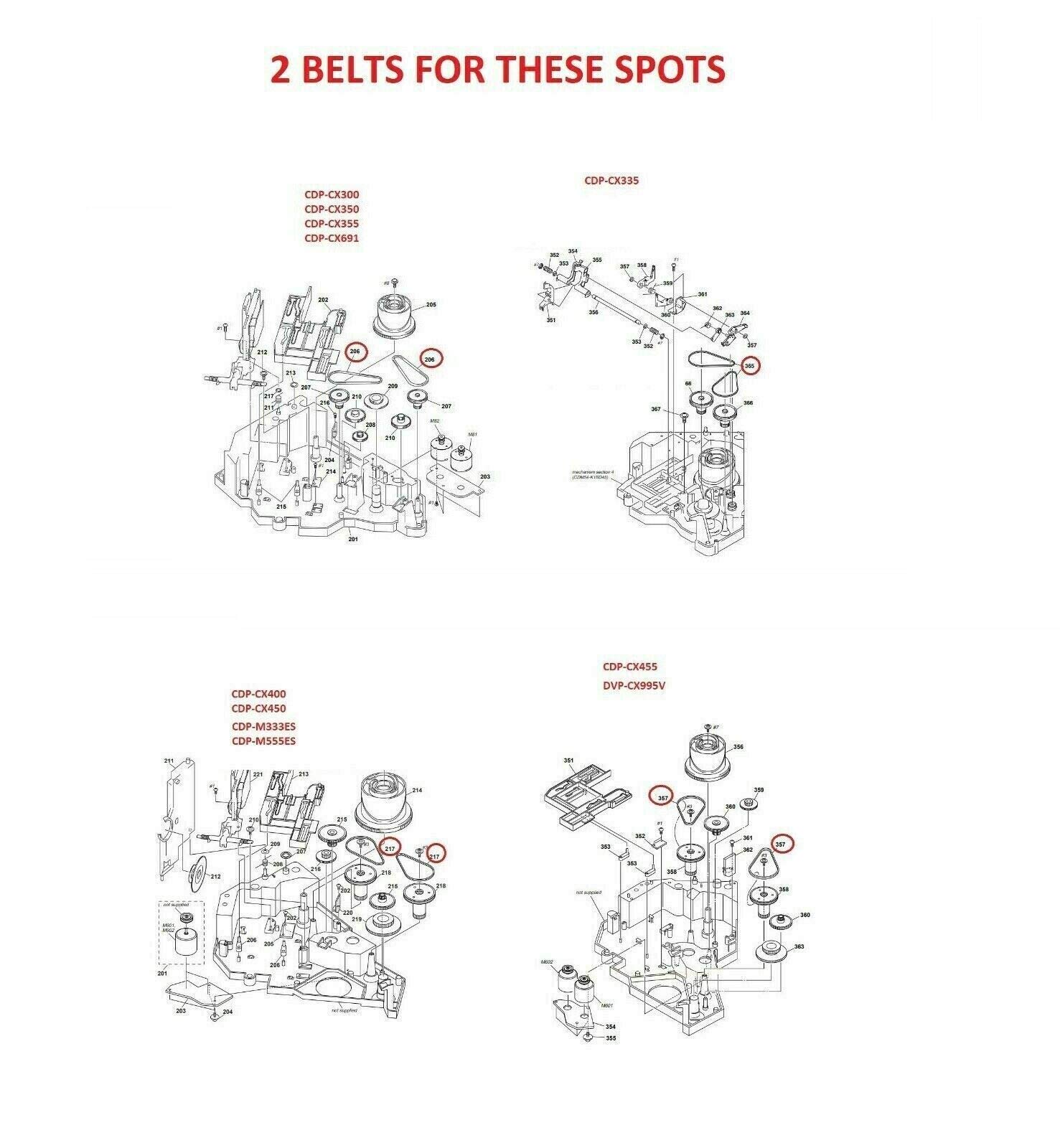 CD Player Belt Kit (1x Door Belt + 2x Drive Belts) For Sony CDP-CX300 CDP-CX335 CDP-CX350 CDP-CX355 CDP-CX400 CDP-CX450 CDP-CX455 CDP-CX691 CDP-M333ES CDP-M555ES DVP-CX995V