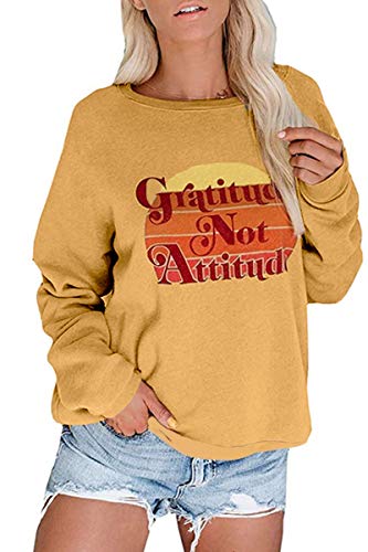 CHYRII Women's Round Neck Letter Print with Setting Sun Long Sleeve Casual Sweatshirt Pullover Tops Yellow S