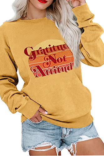 CHYRII Women's Round Neck Letter Print with Setting Sun Long Sleeve Casual Sweatshirt Pullover Tops Yellow S