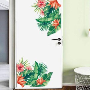 molancia tropical hibiscus flower wall decals,nature palm tree leaf plants wall sticker art murals,removable green tropical plants tree leaves stickers for living room kids nursery room wall art decor