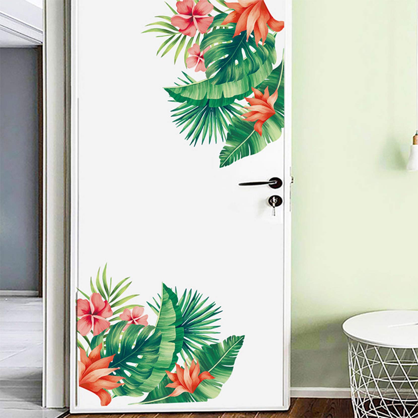 MOLANCIA Tropical Hibiscus Flower Wall Decals,Nature Palm Tree Leaf Plants Wall Sticker Art Murals,Removable Green Tropical Plants Tree Leaves Stickers for Living Room Kids Nursery Room Wall Art Decor