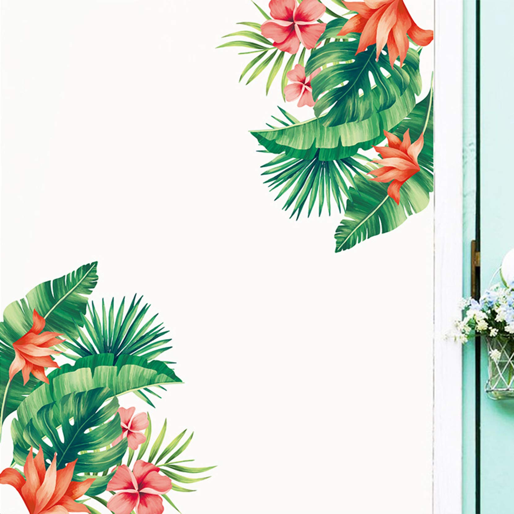 MOLANCIA Tropical Hibiscus Flower Wall Decals,Nature Palm Tree Leaf Plants Wall Sticker Art Murals,Removable Green Tropical Plants Tree Leaves Stickers for Living Room Kids Nursery Room Wall Art Decor