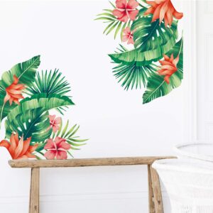 MOLANCIA Tropical Hibiscus Flower Wall Decals,Nature Palm Tree Leaf Plants Wall Sticker Art Murals,Removable Green Tropical Plants Tree Leaves Stickers for Living Room Kids Nursery Room Wall Art Decor