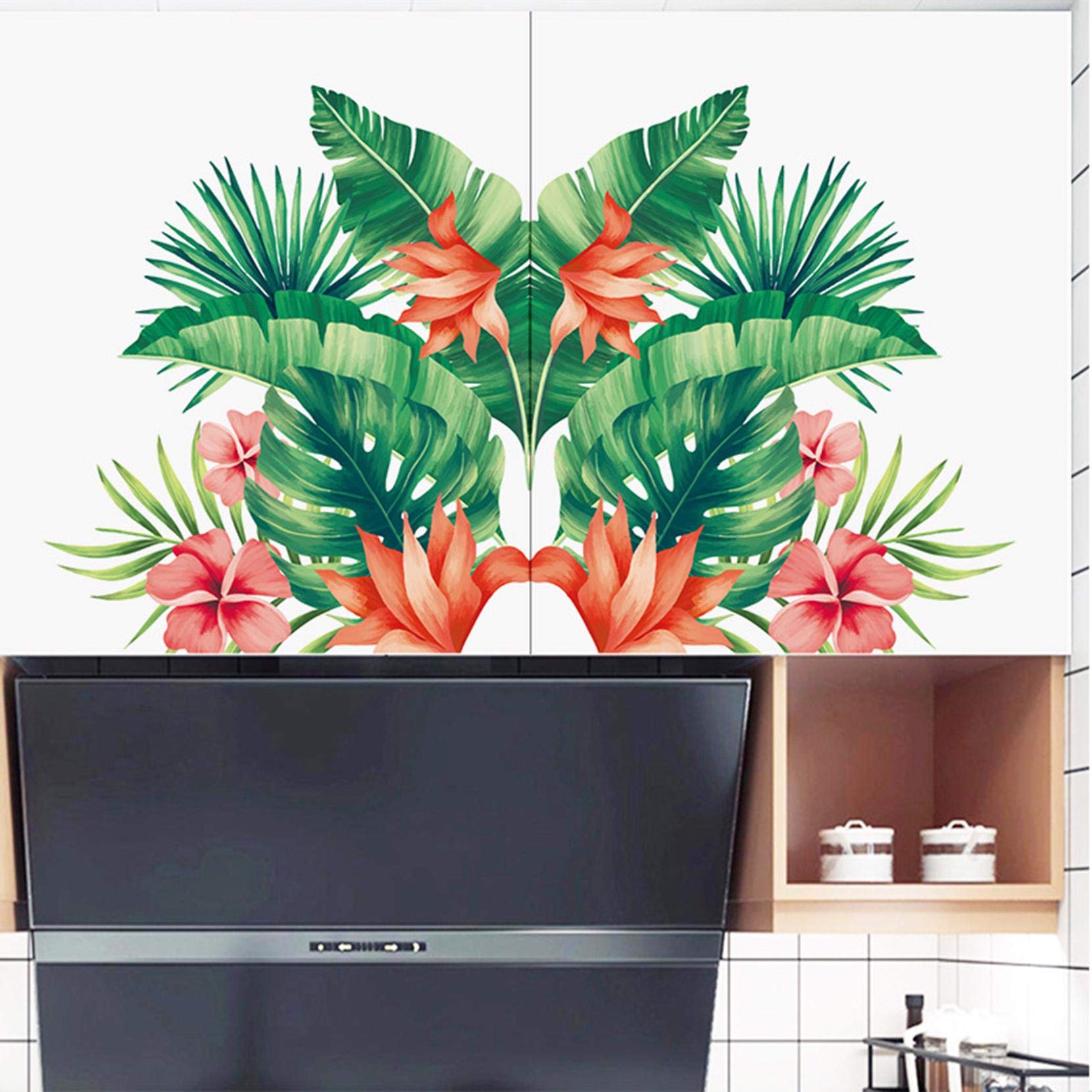 MOLANCIA Tropical Hibiscus Flower Wall Decals,Nature Palm Tree Leaf Plants Wall Sticker Art Murals,Removable Green Tropical Plants Tree Leaves Stickers for Living Room Kids Nursery Room Wall Art Decor