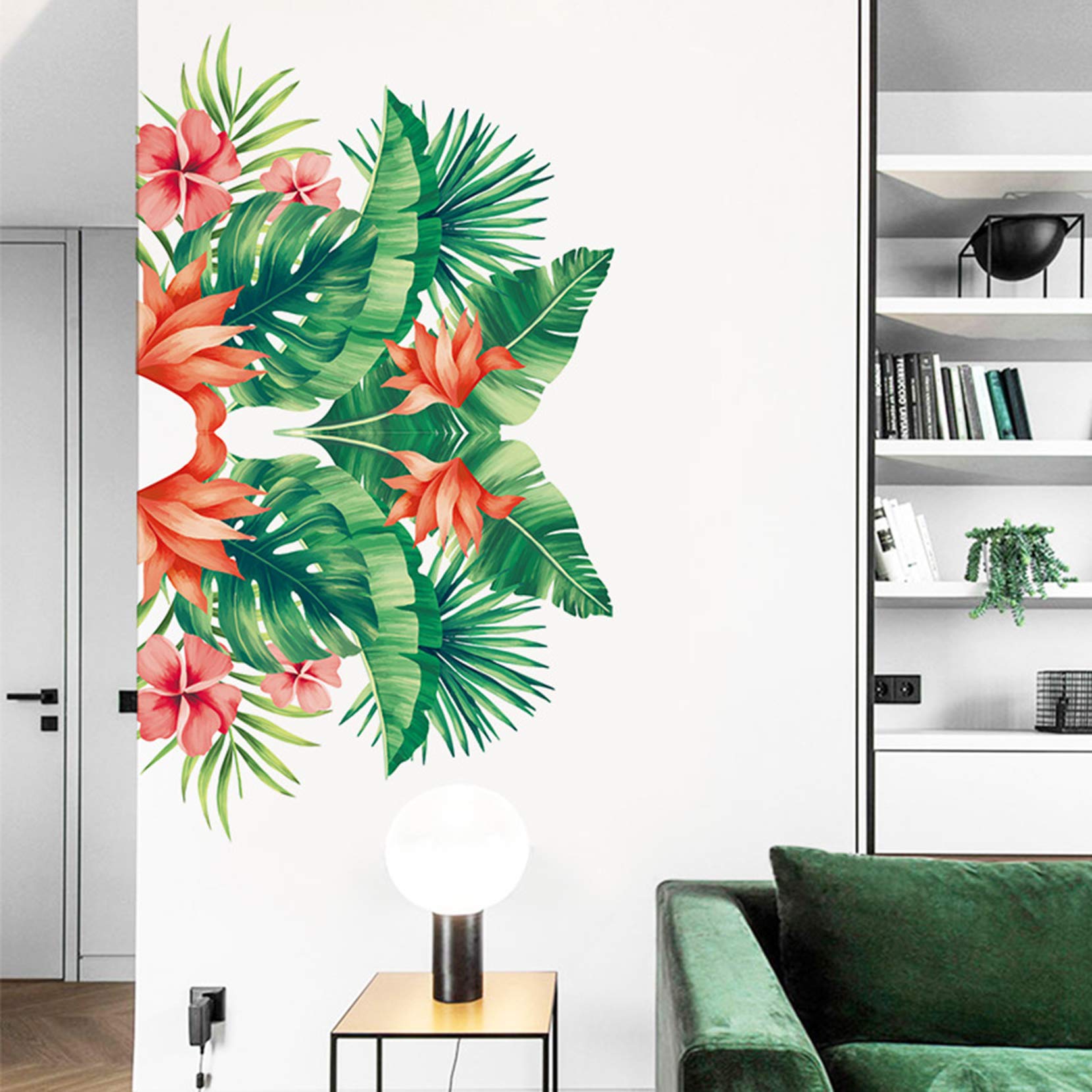 MOLANCIA Tropical Hibiscus Flower Wall Decals,Nature Palm Tree Leaf Plants Wall Sticker Art Murals,Removable Green Tropical Plants Tree Leaves Stickers for Living Room Kids Nursery Room Wall Art Decor