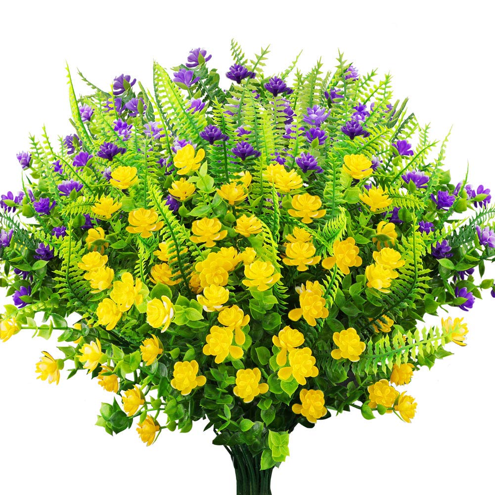 GREENRAIN 6 Bundles Artificial Flowers Outdoor Fake Plants UV Resistant Faux Plastic Flowers Garden Window Box Porch Home Decor Yellow + Purple