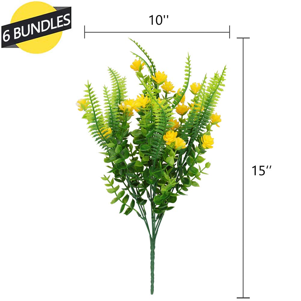 GREENRAIN 6 Bundles Artificial Flowers Outdoor Fake Plants UV Resistant Faux Plastic Flowers Garden Window Box Porch Home Decor Yellow + Purple