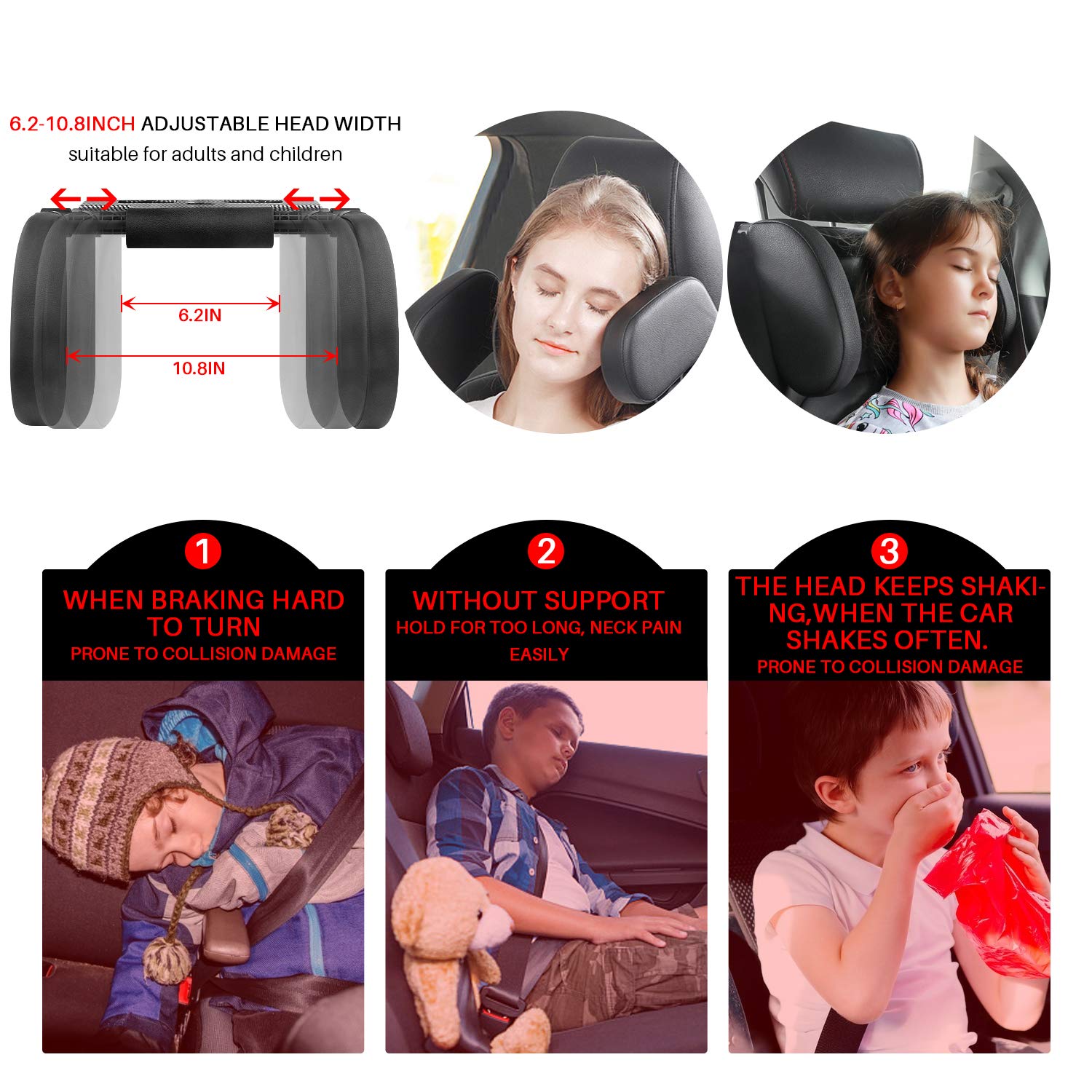 Car Seat Headrest Pillow, Car Neck Pillow with Upgrade Neck Cushion, Detachable Head Neck Support Car Accessories, Font/Back Seat Travel Sleeping Seat Pillow for Kids Teenagers Adults Elders （Black）