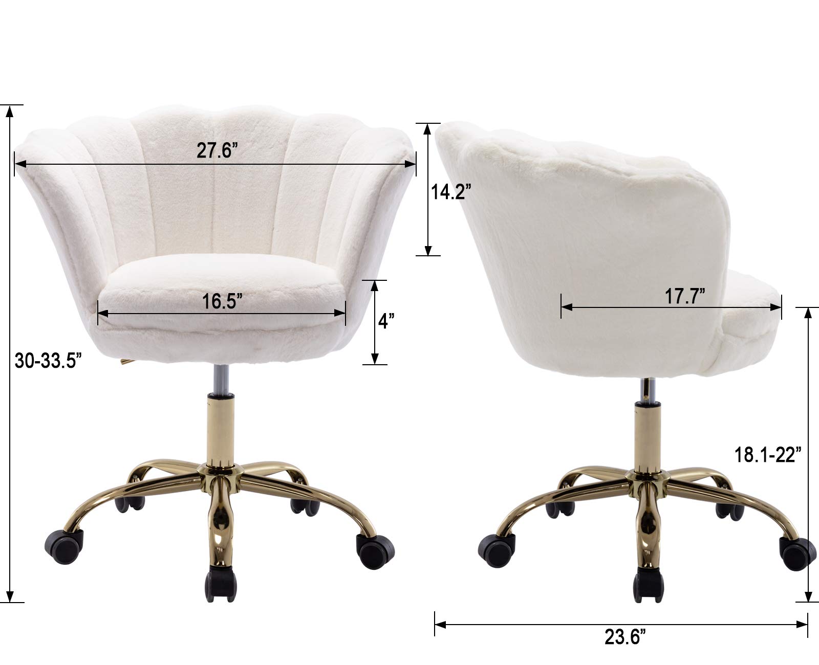 White Desk Chair Fluffy Task Vanity Chair Home Office Chair Adjustable Rolling Swivel Chair with Wheels for Teens Adults Bedroom Study Room, Faux Fur