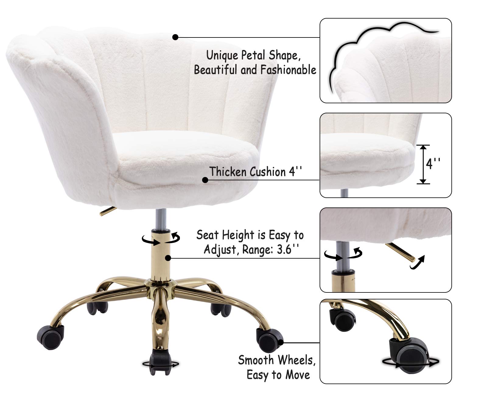 White Desk Chair Fluffy Task Vanity Chair Home Office Chair Adjustable Rolling Swivel Chair with Wheels for Teens Adults Bedroom Study Room, Faux Fur