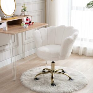 White Desk Chair Fluffy Task Vanity Chair Home Office Chair Adjustable Rolling Swivel Chair with Wheels for Teens Adults Bedroom Study Room, Faux Fur