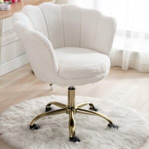 White Desk Chair Fluffy Task Vanity Chair Home Office Chair Adjustable Rolling Swivel Chair with Wheels for Teens Adults Bedroom Study Room, Faux Fur