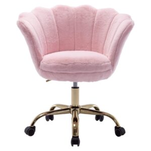 pink desk chair fluffy task vanity chair home office chair adjustable rolling swivel chair with wheels for teens adults bedroom study room, faux fur