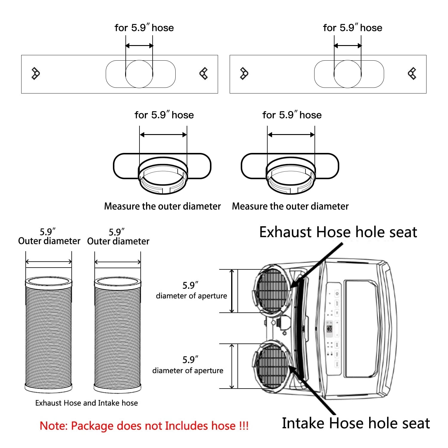 gulrear Dual Hose Portable Air Conditioner Window kit, Window Seal Plates Suitable for Portable AC vent kit Adjustable Length from 25" to 59" for 5.9" Diameter Exhaust and Intake Outlet Portable AC