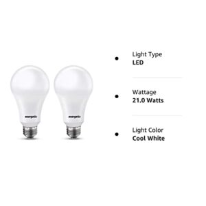 ENERGETIC Super Bright Light Bulb 150 Watt Equivalent A21 LED Light Bulb, Cool White 4000K, 2600 High Lumens LED Bulb, E26 Base, Non-Dimmable, UL Listed, 2 Pack