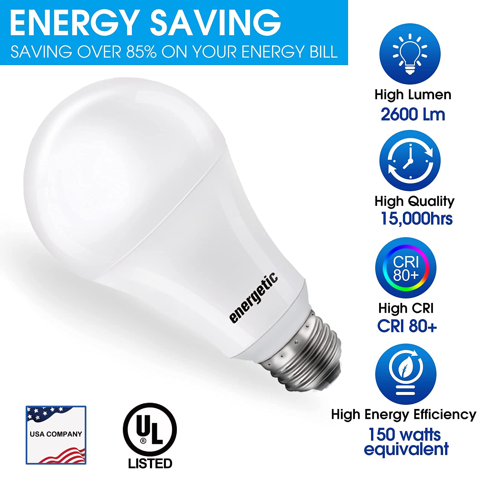 ENERGETIC Super Bright Light Bulb 150 Watt Equivalent A21 LED Light Bulb, Cool White 4000K, 2600 High Lumens LED Bulb, E26 Base, Non-Dimmable, UL Listed, 2 Pack