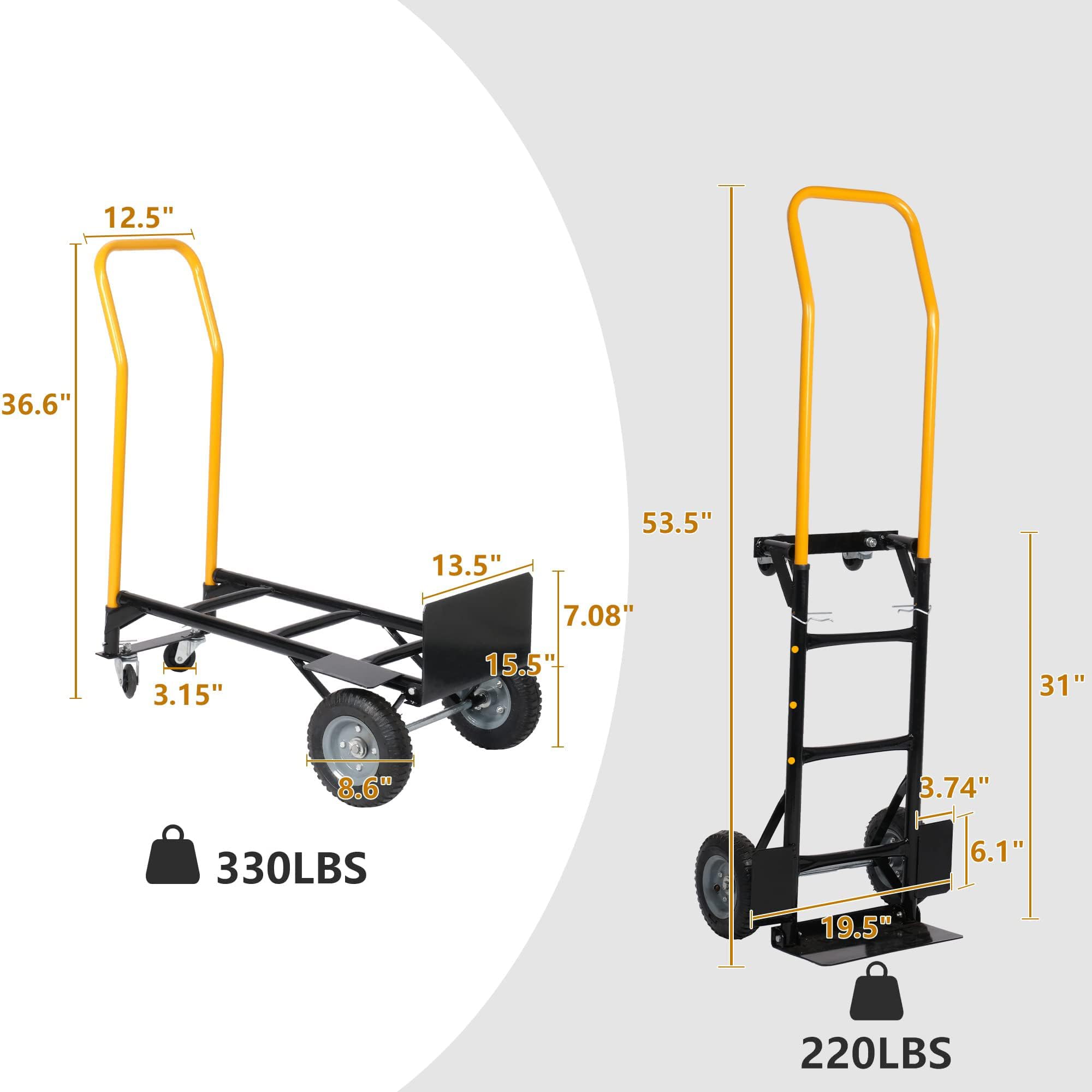 LUCKYERMORE Convertible Hand Truck Dual Purpose 2 Wheel Dolly Cart and 4 Wheel Push Cart with Swivel Wheels 330 Lbs Capacity Heavy Duty Platform Cart for Moving/Warehouse/Garden/Grocery