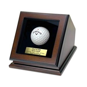 chezmonett hole in one golf ball display case box - custom plaque engraving - wood with glass lid - single