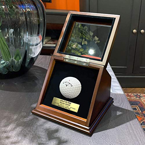 ChezMonett Hole in One Golf Ball Display Case Box - Custom Plaque Engraving - Wood with Glass Lid - Single