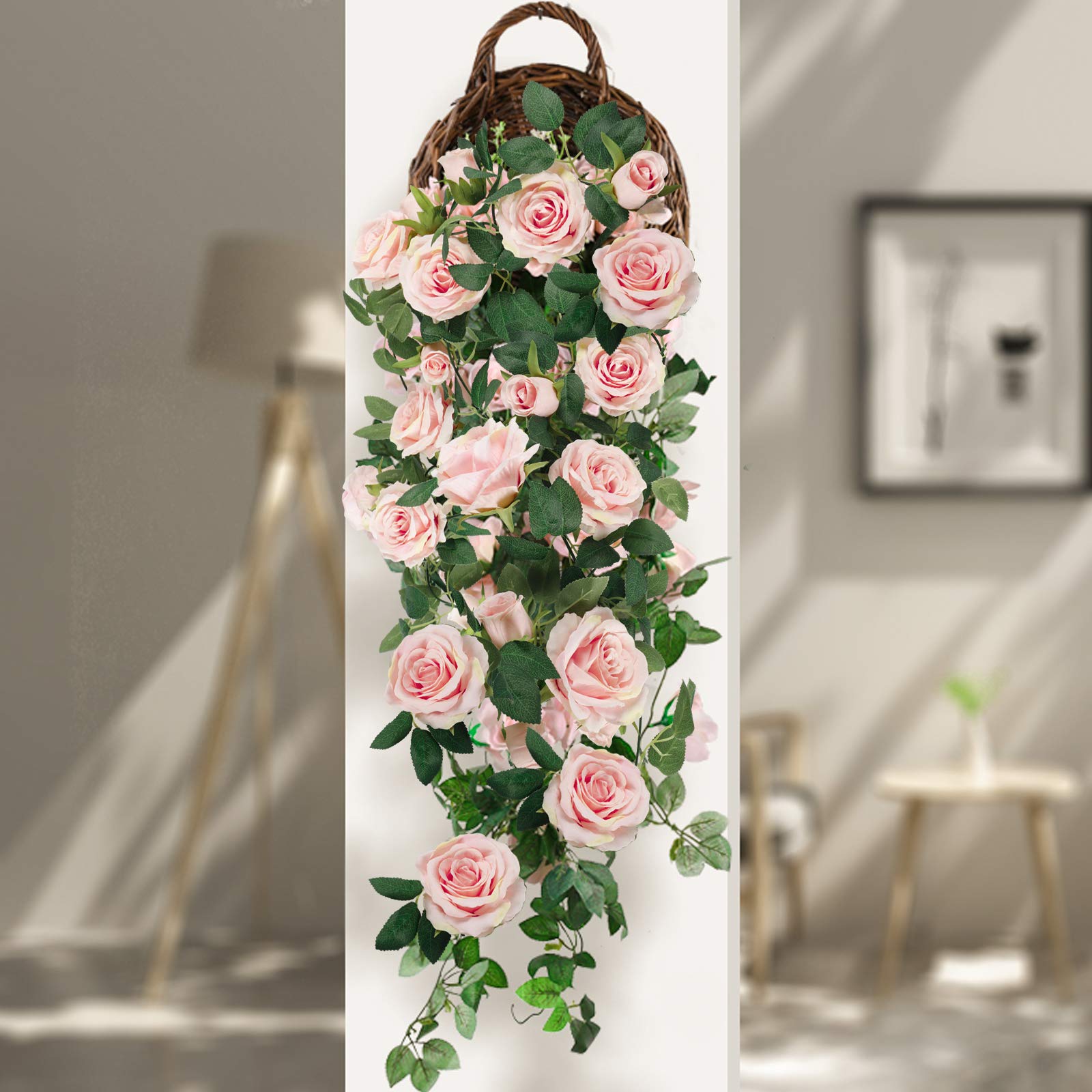 Whonline 3pcs 19.7ft Artificial Pink Flower Garland Silk Rose Vines Hanging Fake Rose Garland for Backdrop Wedding Party Table Centerpiece Garden Outdoor Decorations