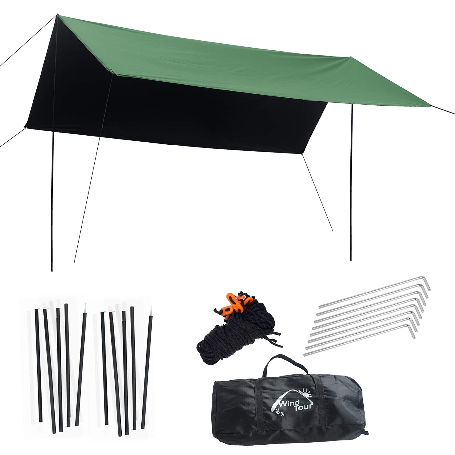 Wind Tour Portable Multifunctional Outdoor Camping Traveling Awning Backpacking Tarp Sunshade Lightweight UV Protection and PU 3000mm Waterproof Rain Fly Tarp Shelter (118 * 118 inches)