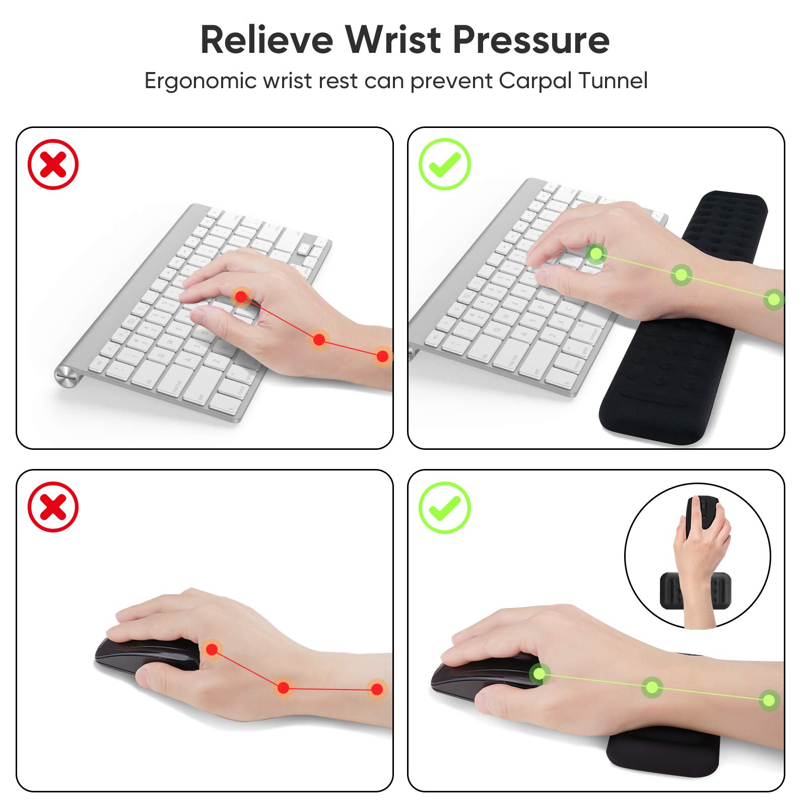 JEDIA Keyboard Wrist Rest, Memory Foam Mouse Pad Wrist Support, Ergonomic Keyboard Wrist Pad Easy Typing and Pain Relief for Computer Keyboard, Office, Desktop Computer, 2 Packs Large + Small