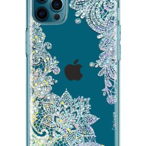 Coolwee Clear Glitter Compatible with iPhone 12 Pro Max Case Thin Flower Cute Crystal Lace Bling Women Girls Floral Plastic Hard Back Soft TPU Bumper Protective Cover Slim Fit Mandala Henna