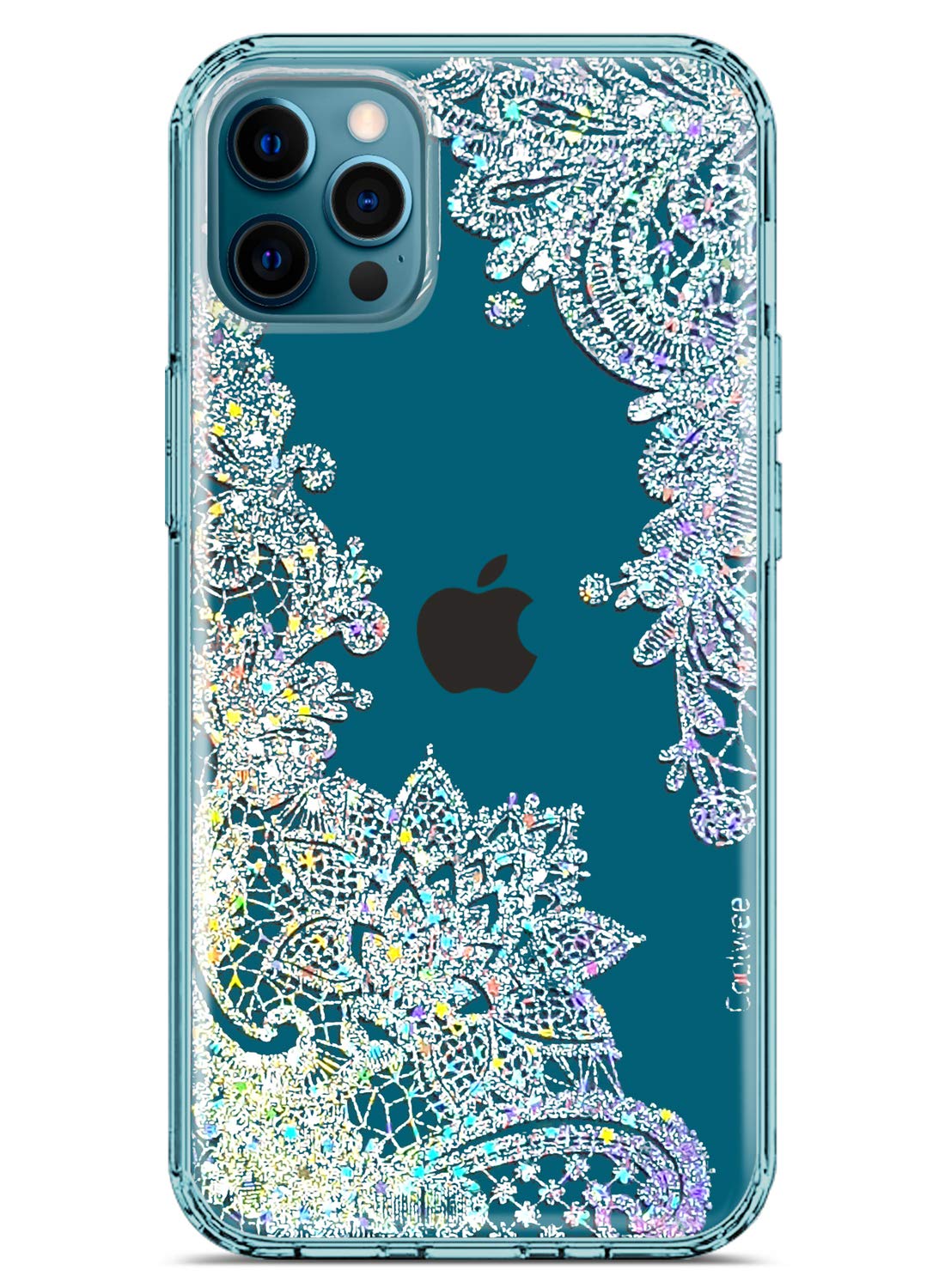 Coolwee Clear Glitter Compatible with iPhone 12 Pro Max Case Thin Flower Cute Crystal Lace Bling Women Girls Floral Plastic Hard Back Soft TPU Bumper Protective Cover Slim Fit Mandala Henna