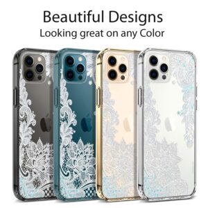 Coolwee Clear Glitter Compatible with iPhone 12 Pro Max Case Thin Flower Cute Crystal Lace Bling Women Girls Floral Plastic Hard Back Soft TPU Bumper Protective Cover Slim Fit Mandala Henna