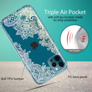 Coolwee Clear Glitter Compatible with iPhone 12 Pro Max Case Thin Flower Cute Crystal Lace Bling Women Girls Floral Plastic Hard Back Soft TPU Bumper Protective Cover Slim Fit Mandala Henna