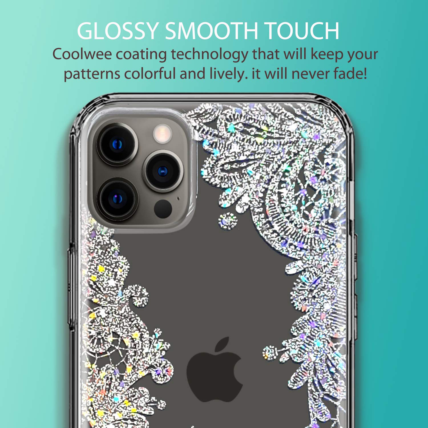 Coolwee Clear Glitter Compatible with iPhone 12 Pro Max Case Thin Flower Cute Crystal Lace Bling Women Girls Floral Plastic Hard Back Soft TPU Bumper Protective Cover Slim Fit Mandala Henna