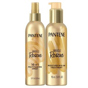 pantene hair spray miracle rescue leave in conditioner spray & mix-in treatment, boost of hydration for damaged hair, 5.7 fl oz and 3 fl oz each