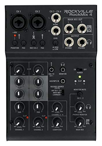 Rockville RockMix 4 Channel Mic/Instrument Pro Recording Mixer+USB Interface/EQ