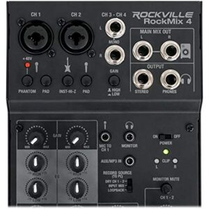 Rockville RockMix 4 Channel Mic/Instrument Pro Recording Mixer+USB Interface/EQ