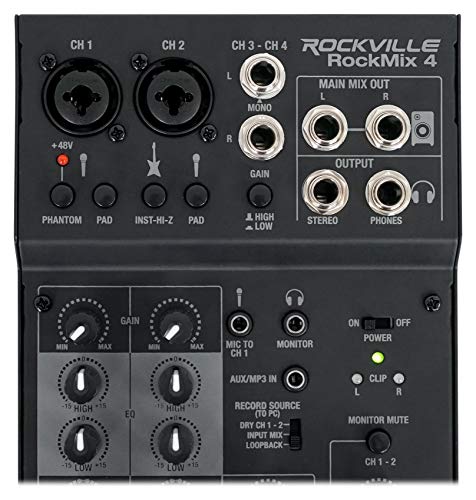 Rockville RockMix 4 Channel Mic/Instrument Pro Recording Mixer+USB Interface/EQ