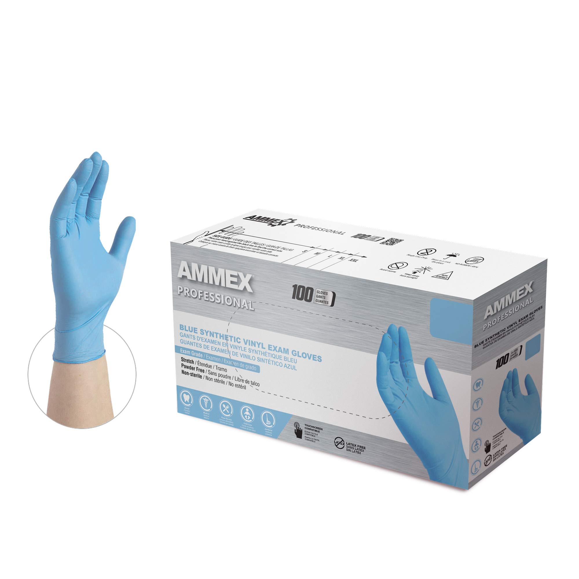 Ammex Blue Stretch Synthetic Vinyl Disposable Exam Gloves 3 Mil, Latex/Powder-Free Food-Safe, Non-Sterile, X-Large Box of 100