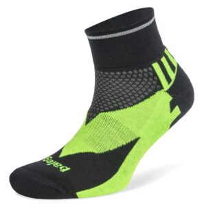 balega enduro reflective arch support performance quarter athletic running socks for men and women (1 pair), black/neon green, large