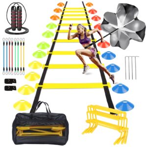 hotoolme speed agility training equipment set - includes agility ladder, running parachute, 8 resistance bands,20 cones, 4 hurdles, jump rope for training football, soccer, basketball athletes & kids