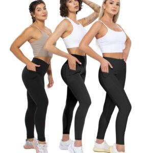 CHRLEISURE Leggings with Pockets for Women, High Waisted Tummy Control Workout Yoga Pants(3Packs 3Black, XL)