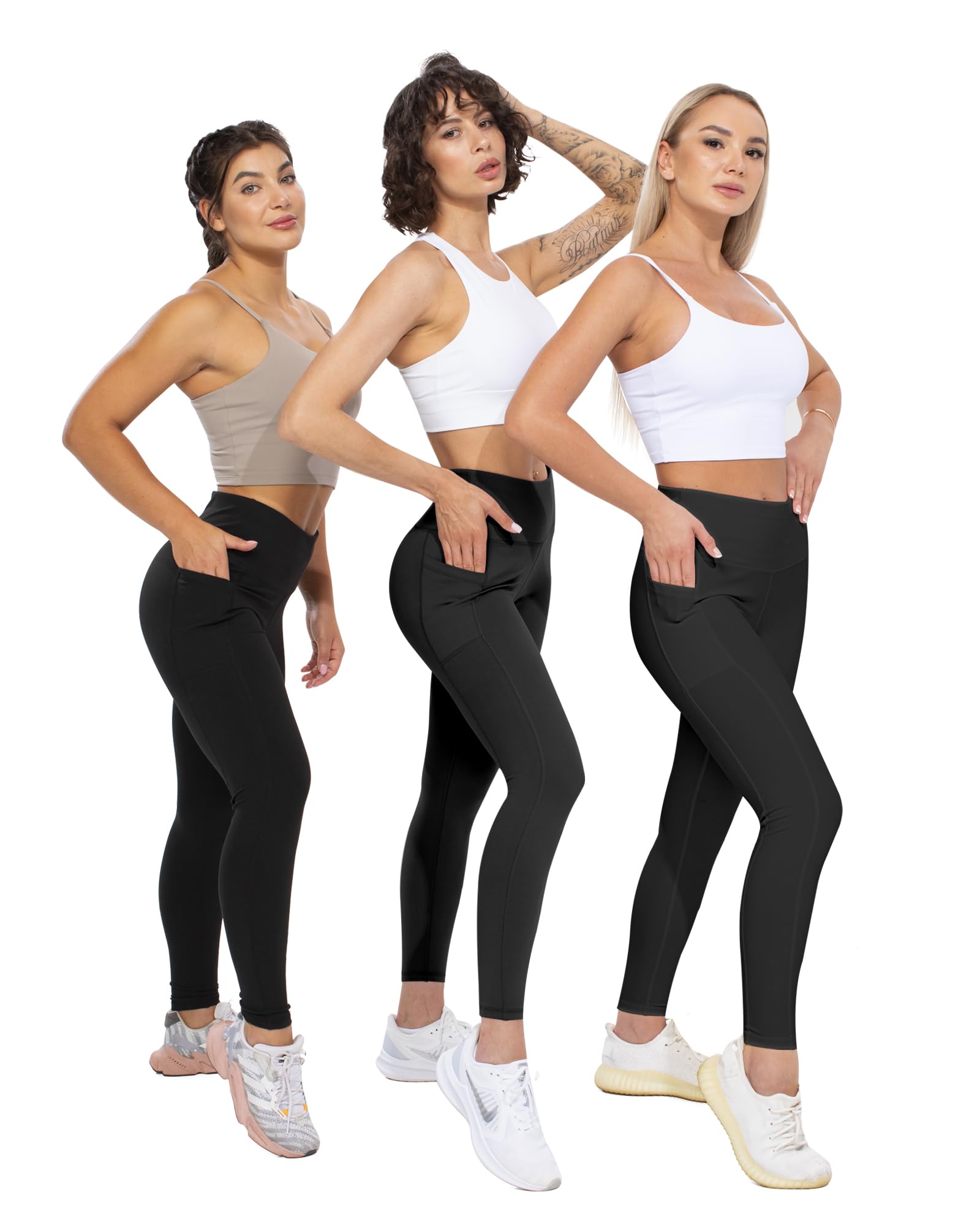 CHRLEISURE Leggings with Pockets for Women, High Waisted Tummy Control Workout Yoga Pants(3Packs 3Black, XL)